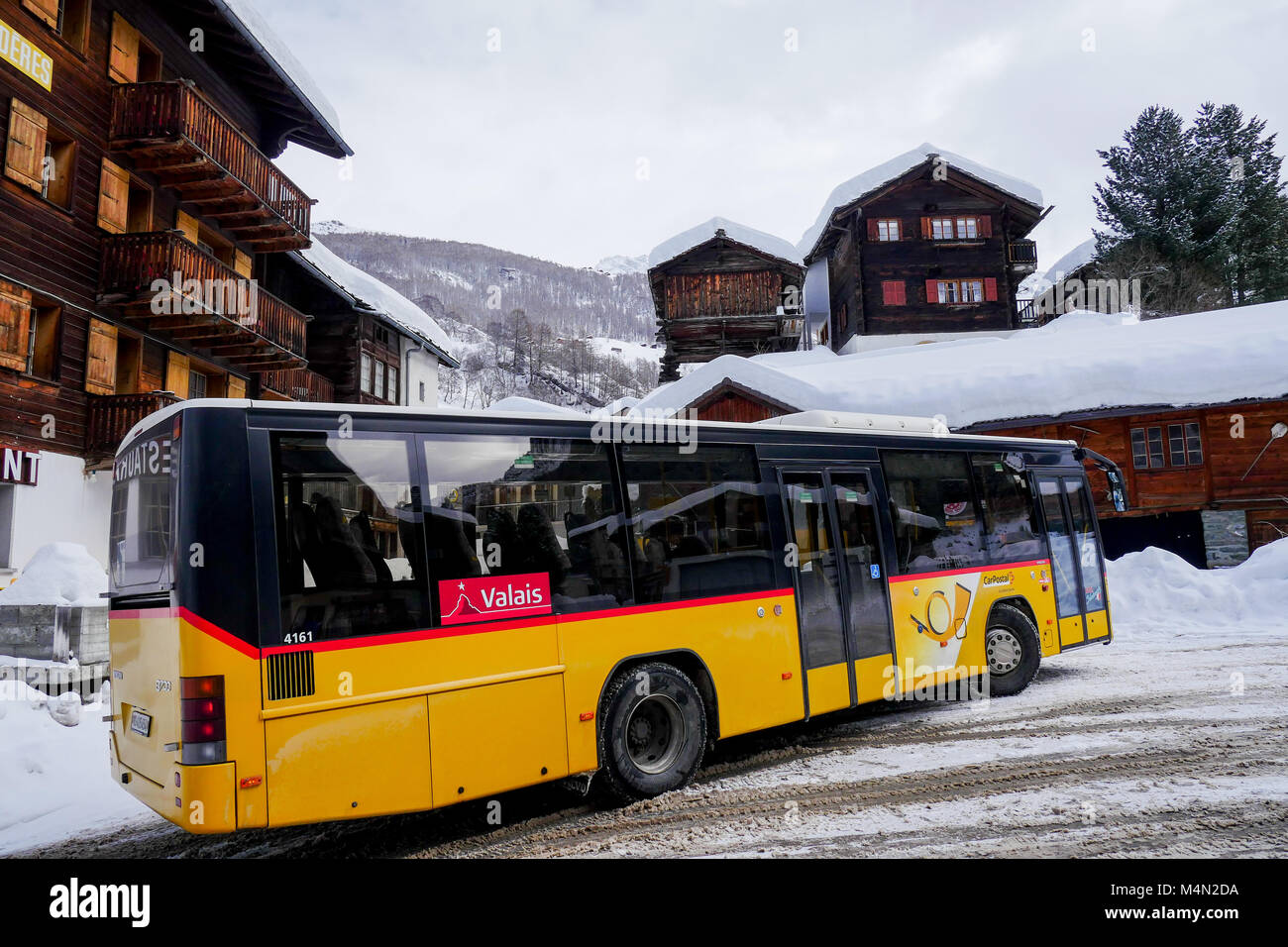 Swiss Post bus at Les Hauderes bus stop, Val d'Herens, Valais district ...