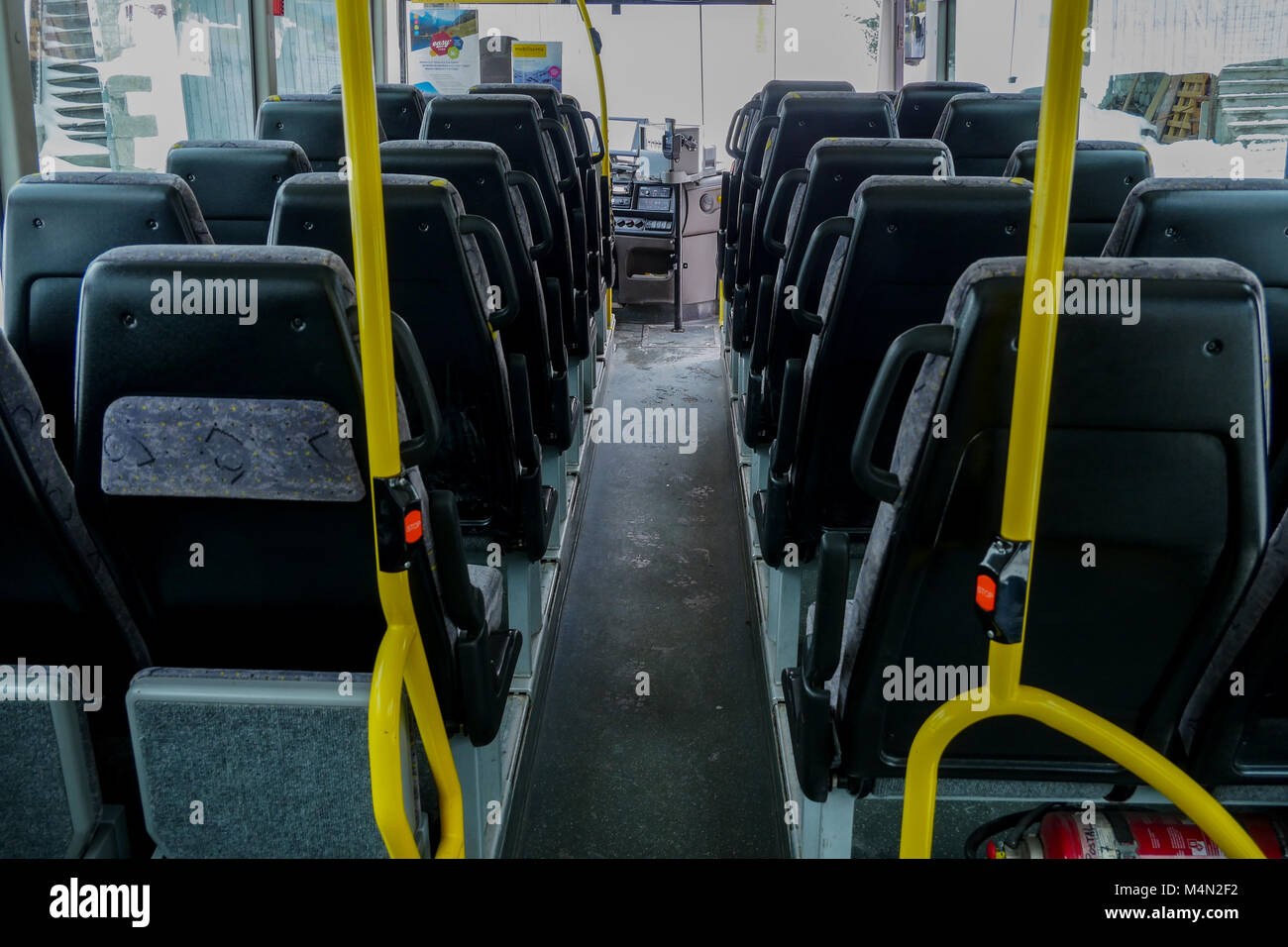 Inside view of a bus from La Poste swiss transport company, Valais ...