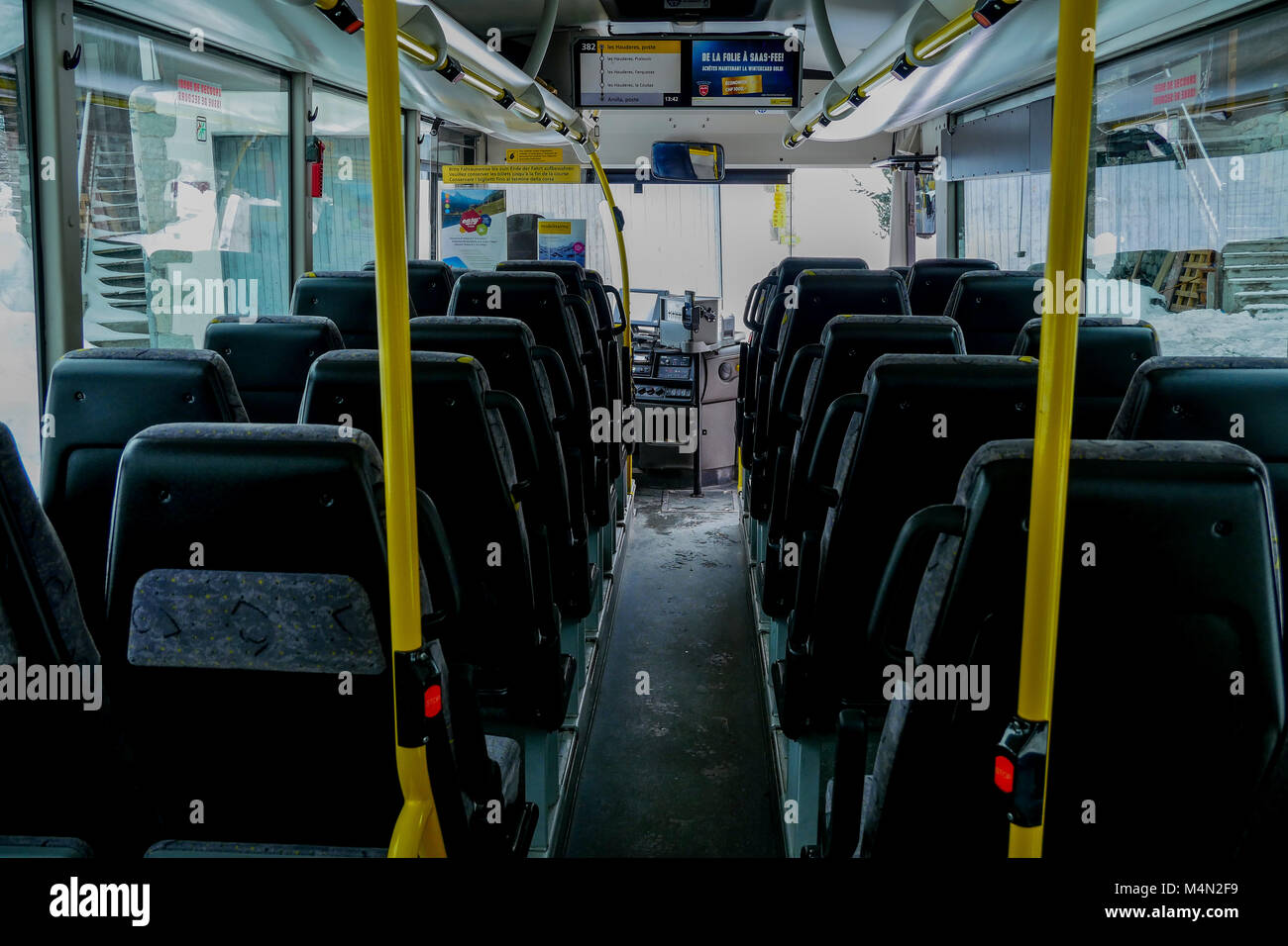 Inside view of a bus from La Poste swiss transport company, Valais ...