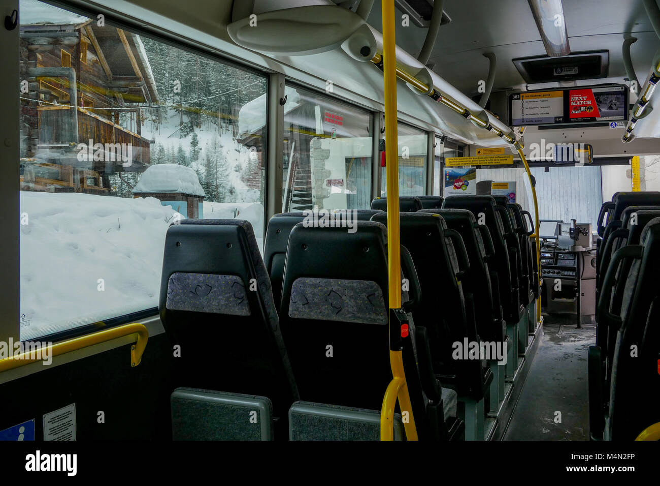 Inside view of a bus from La Poste swiss transport company, Valais ...