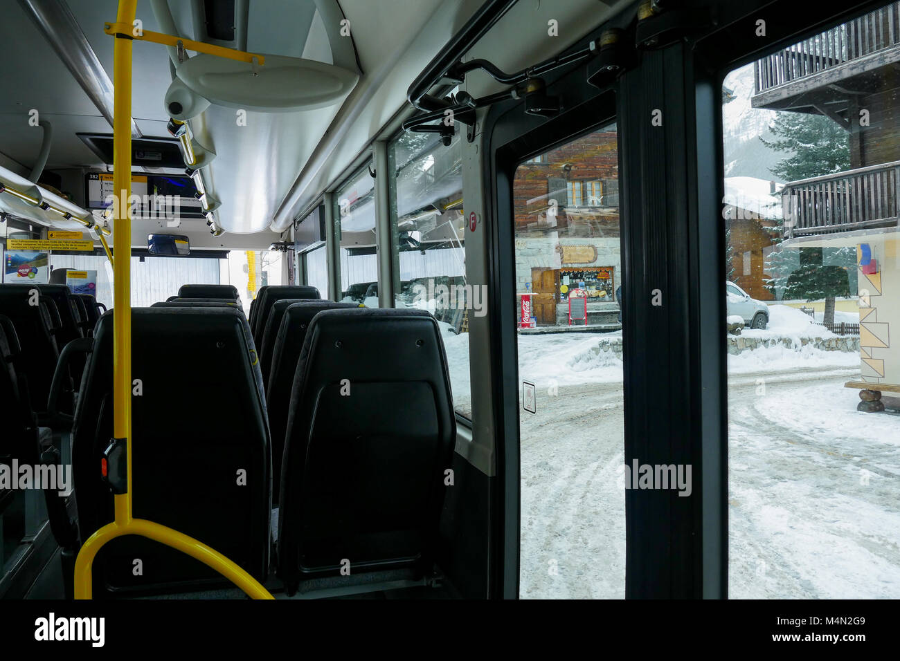 Inside view of a bus from La Poste swiss transport company, Valais ...