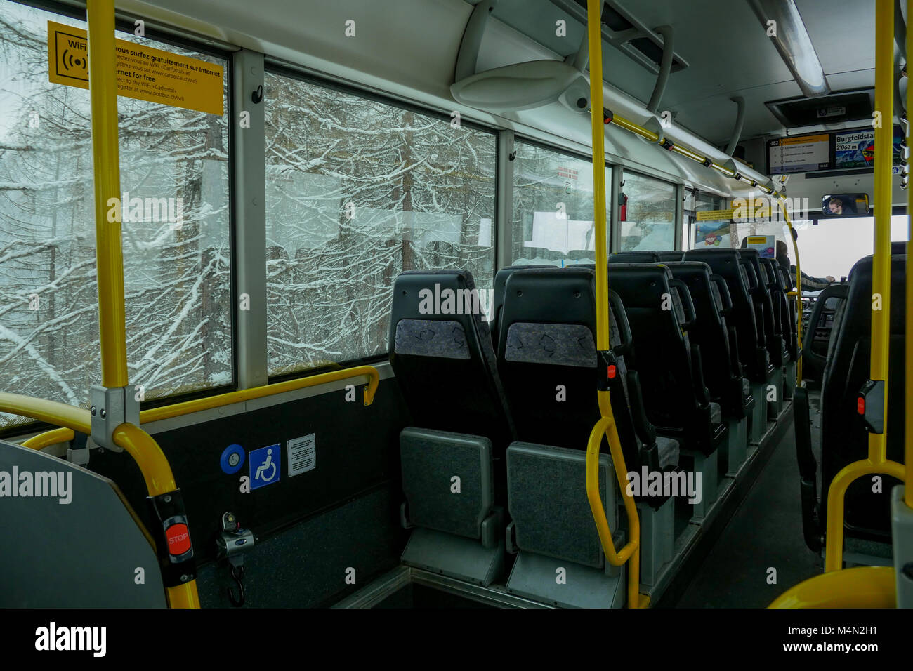 Inside view of a bus from La Poste swiss transport company, Valais ...