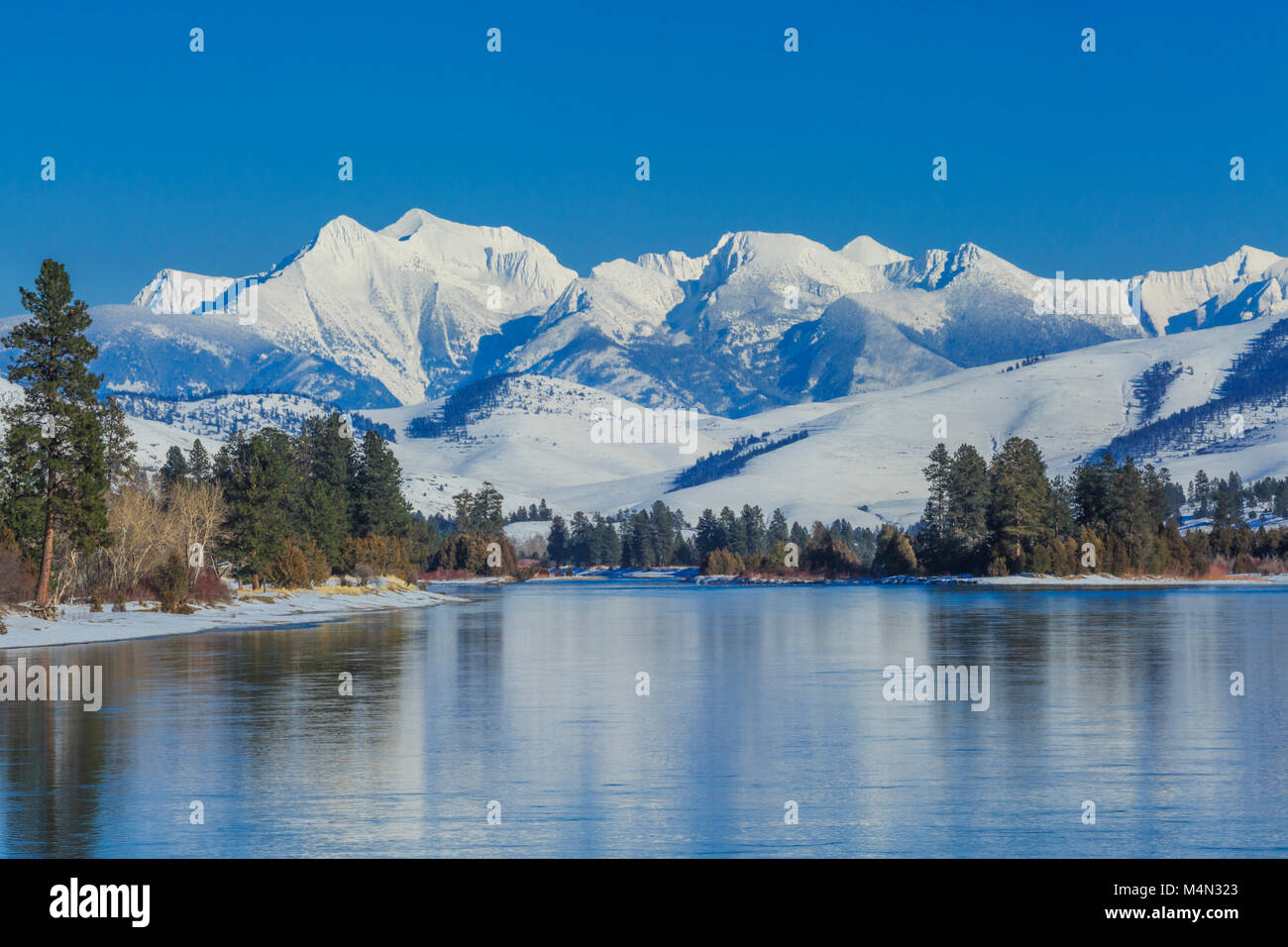 flathead river below the mission mountains in winter near dixon ...