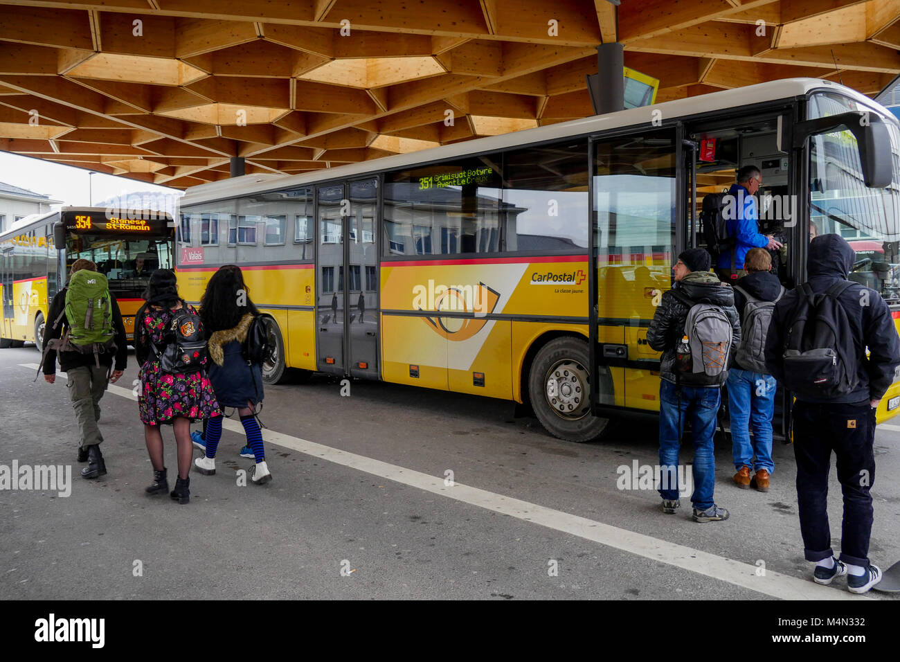 Swiss Post bus at Sion railway station bus stop, Valais district, Swiss ...