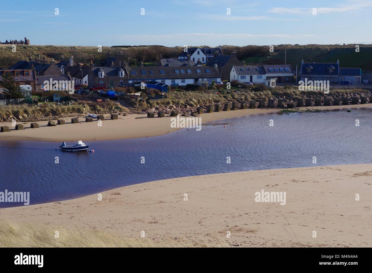 Sandy Scottish Bathing Beach of Cruden Bay, Mouth of the Laeca Burn int ...