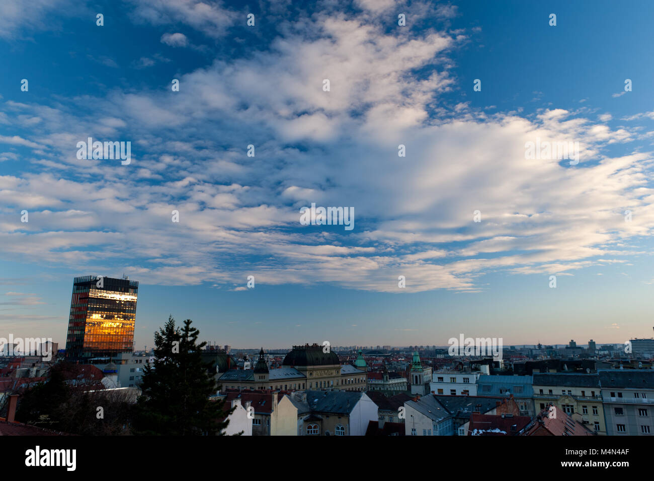 Blue sky with white clouds above city Zagreb, Croatia. Landscape view ...