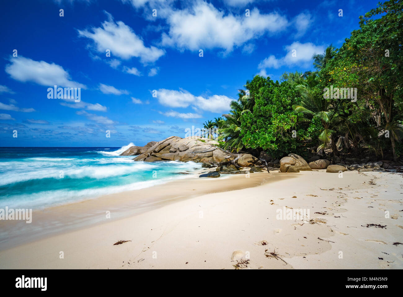 beautiful paradise tropical beach with palm trees, granite rocks,white ...
