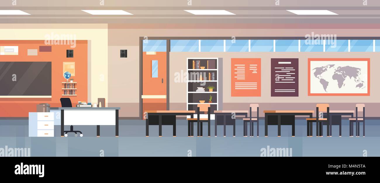 Classroom Interior Empty Modern School Class With Chalk Board And Desks ...