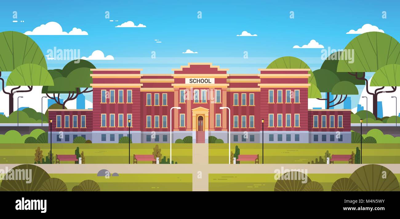 School Building And Empty Front Yard With Green Grass And Trees ...