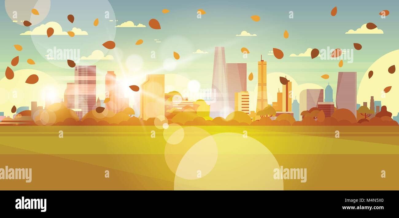 Autumn Cityscape Skyline With Leaves Flying In Sunlight Over ...