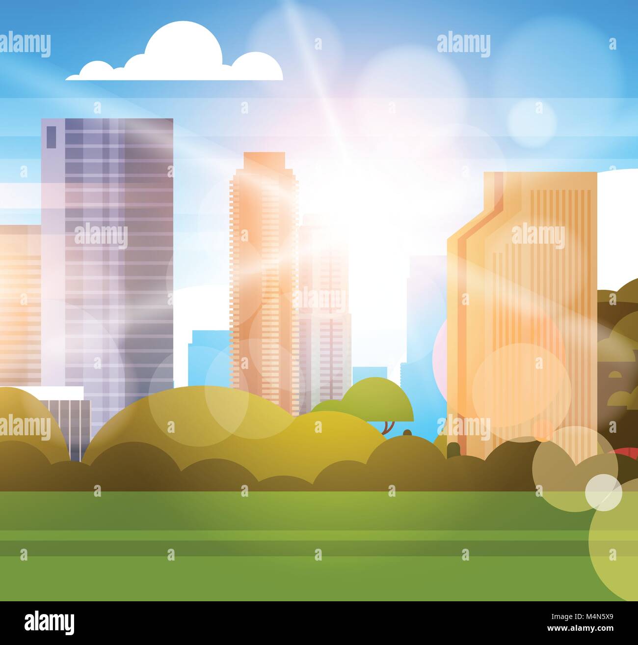 Beautiful City Skyline With Sunlight Over Skyscrapers Buildings ...