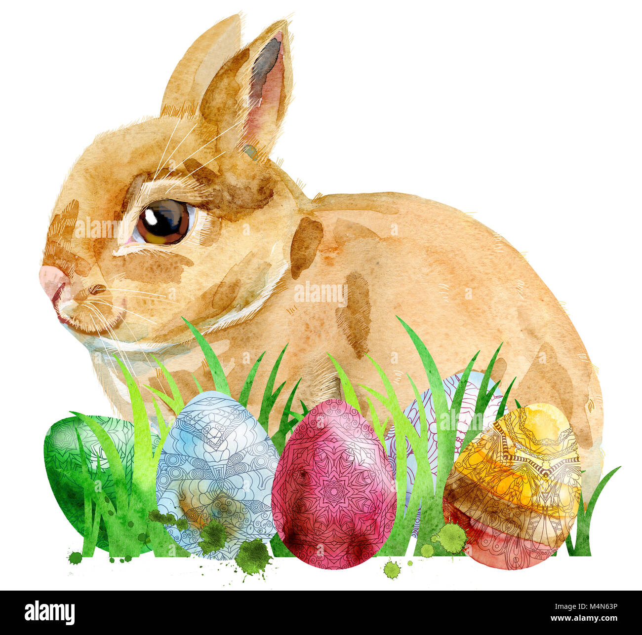 Cute beige rabbit on white background with eggs and grass, isolated ...