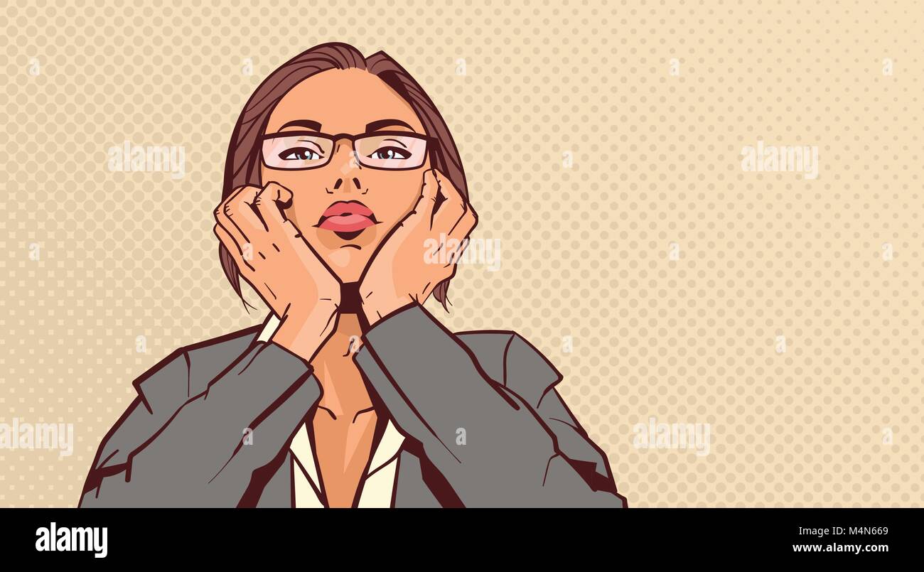 Portrait Of Attractive Business Woman Holding Head On Hands Over Pop ...