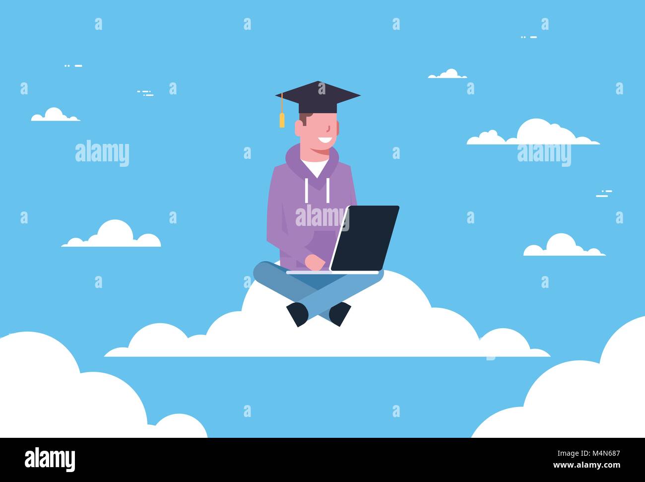 Young Man Student Graduate Sitting On Cloud With Laptop, Education ...