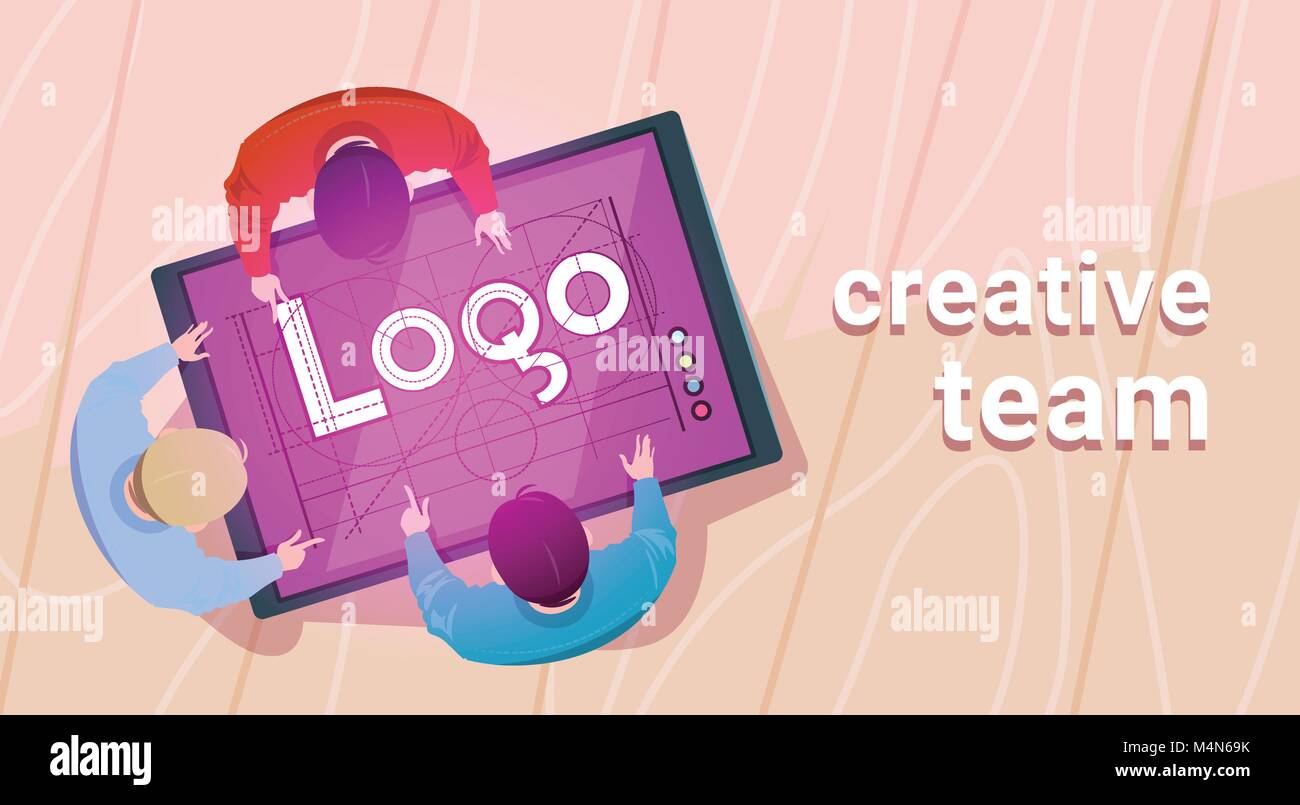 Creative Designers Team Working Sit At Desk Together Create Web Logo On ...