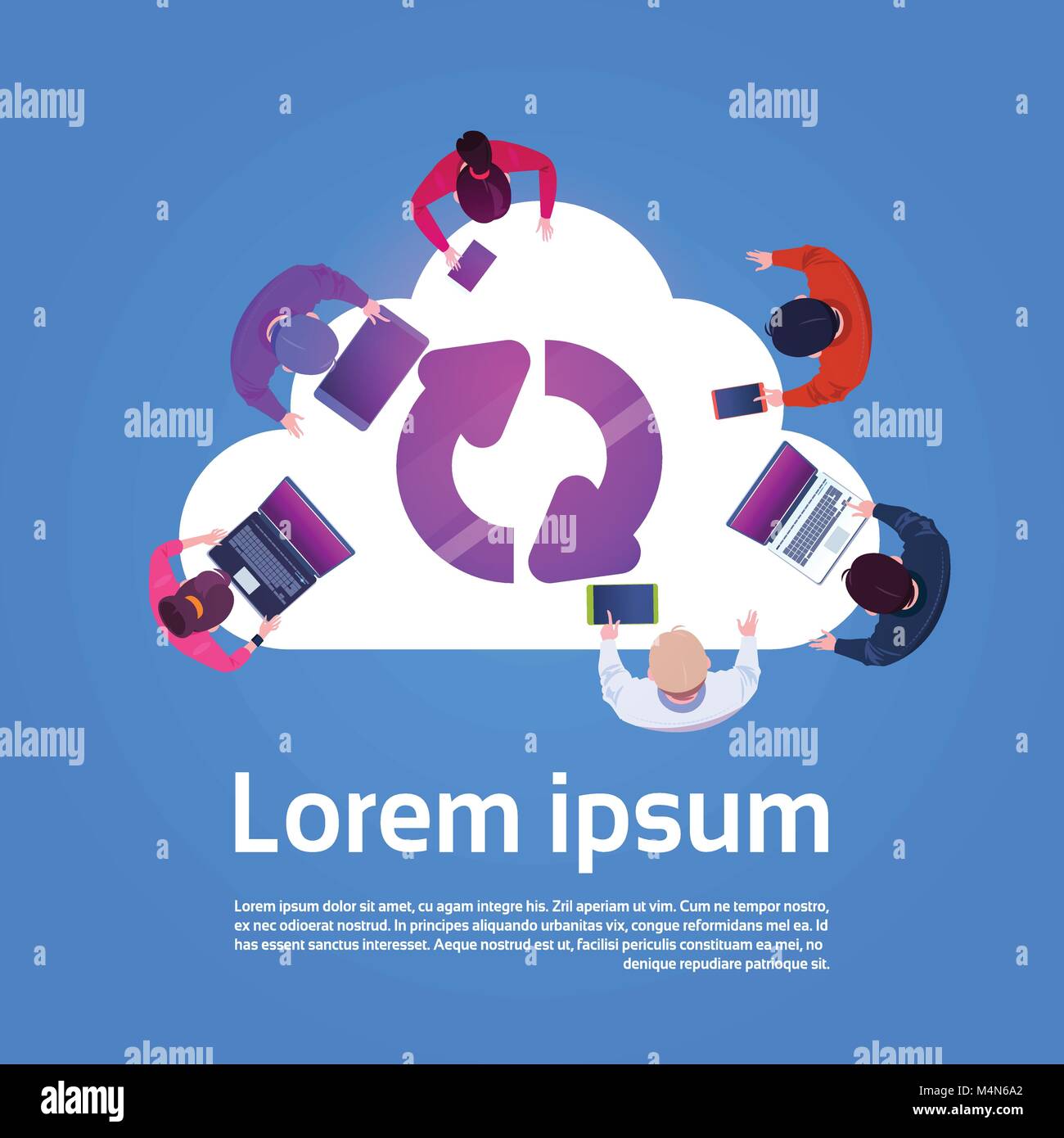 Cloud Computing Concept Top View Of Group Of People Using Different ...