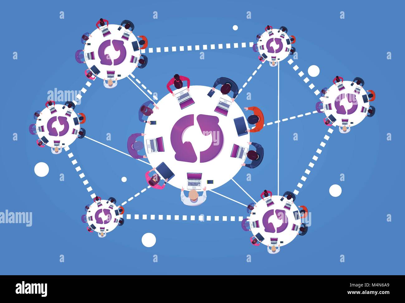 Business People Connection Team Sit At Round Desks Working On Laptop ...