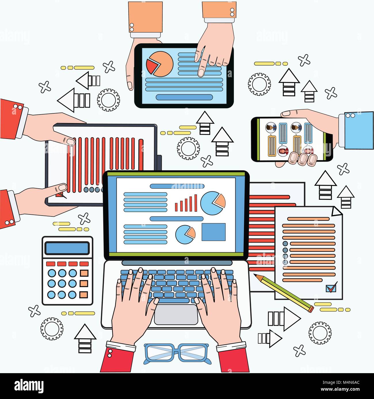 Workplace Desk Top View, Business Analysis Process People Work With ...