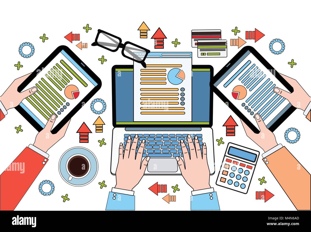 Workplace Desk Top View, Financial Business Data On Diagrams And ...
