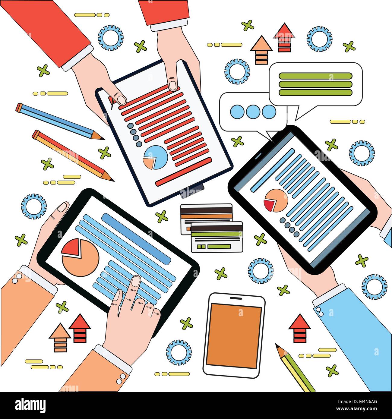 Business Workplace Top View, Businesspeople Work Process With Diagrams ...