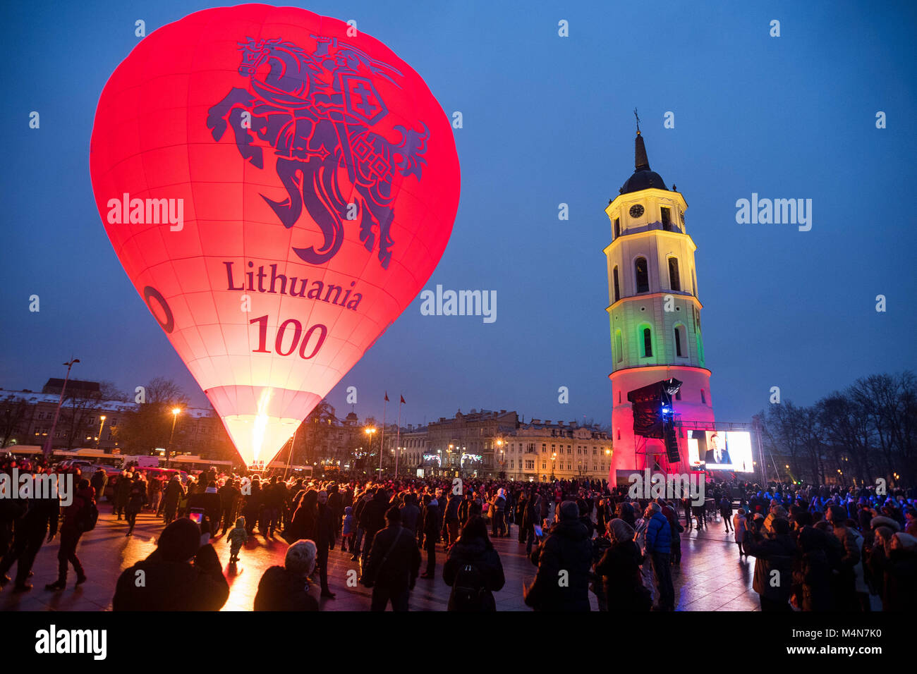 Vilnius. 16th Feb, 1918. Lithuanian people take part in a commemoration ...