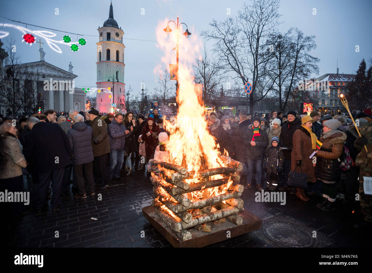 Vilnius. 16th Feb, 1918. People are seen gathering around a bonfire ...