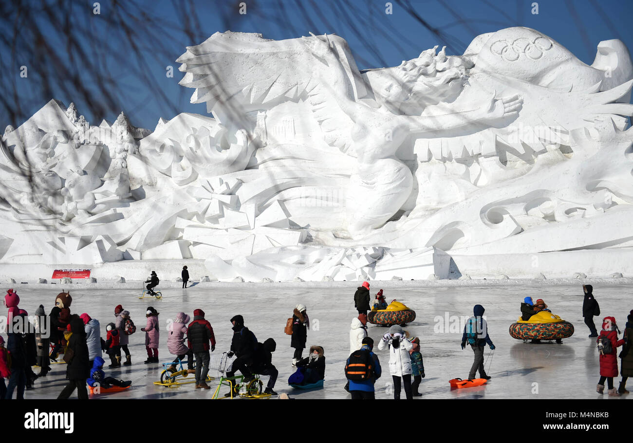 Harbin, China's Heilongjiang Province. 17th Feb, 2018. Tourists play on ...
