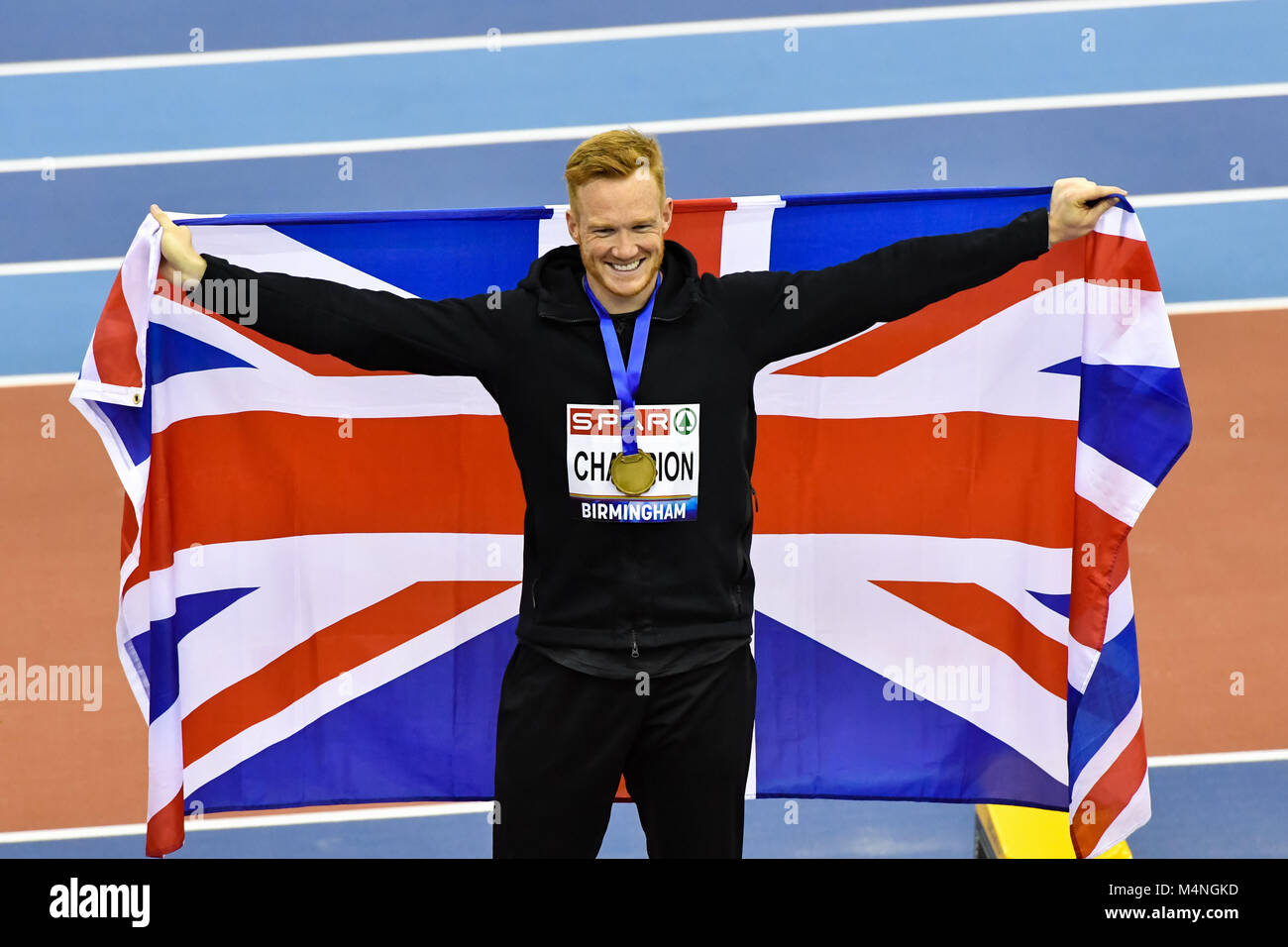 Birmingham, UK. 17th Feb, 2018. Greg Rutherford celebrates winning of ...