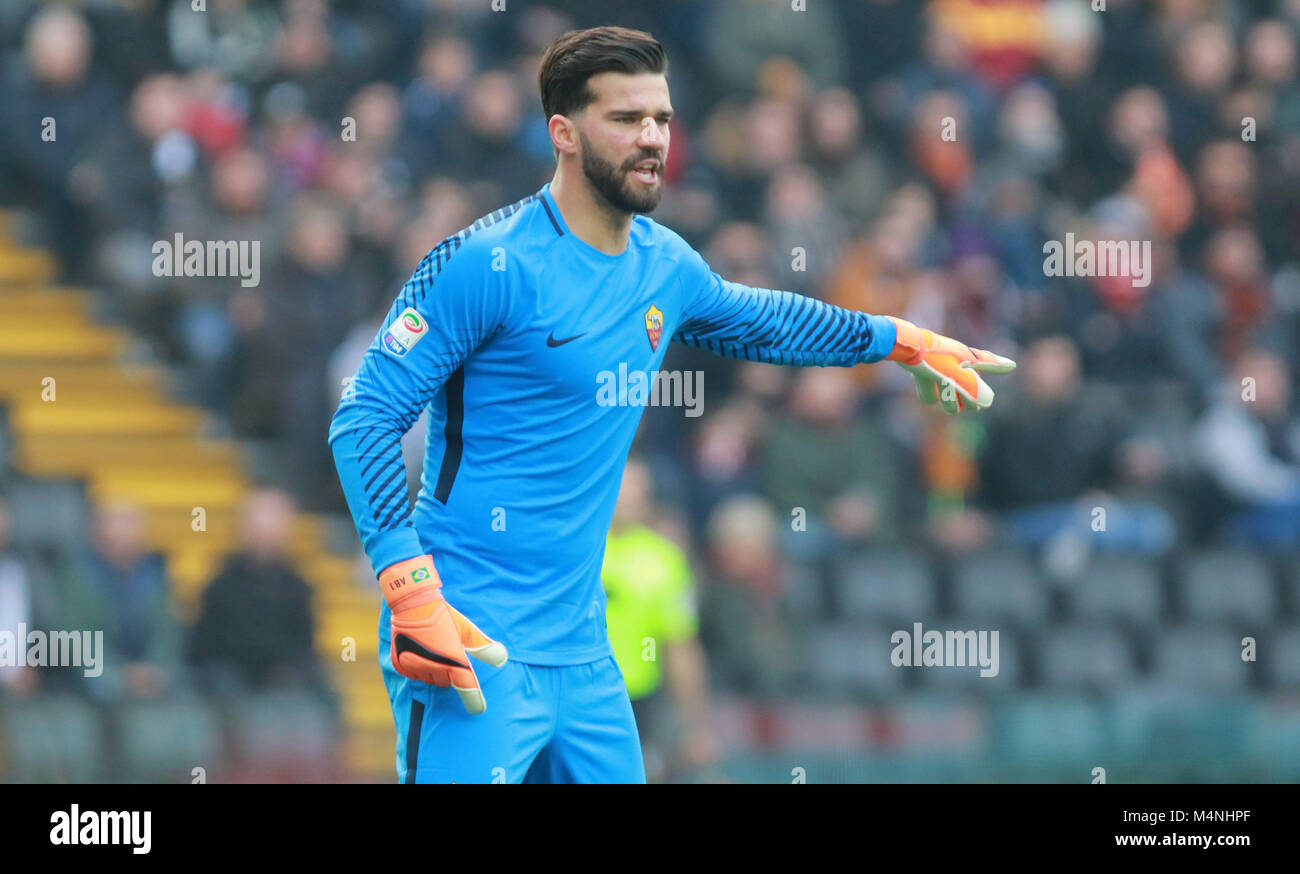 Udine, Italy. 17th Feb, 2018. Roma's goalkeeper Alisson Becker gestures ...