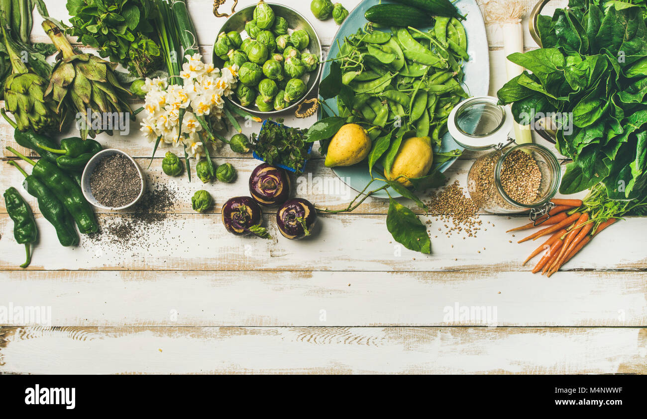 Spring healthy vegan food cooking ingredients. Flat-lay of vegetables ...