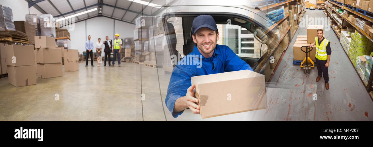 Composite image of delivery driver offering parcel from his van Stock ...