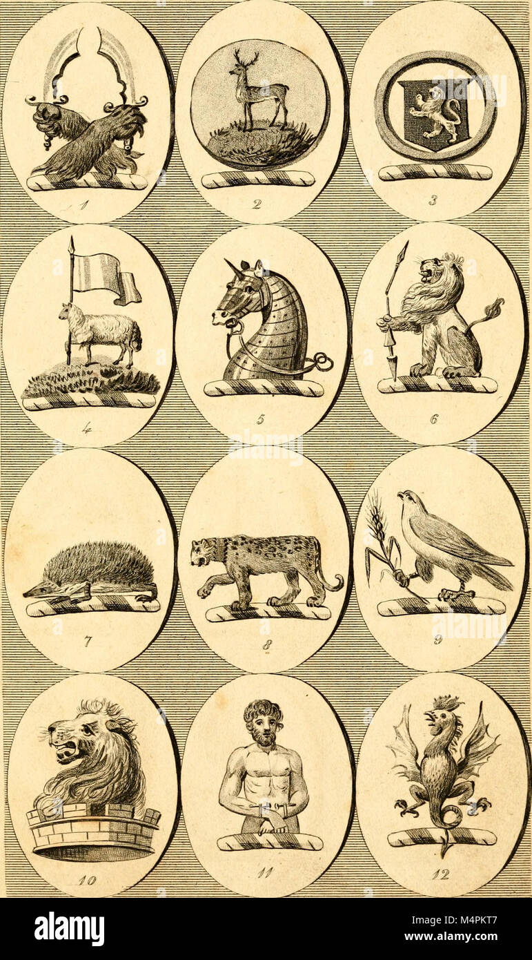 This 1817 work compiles the crests, mottos, and heraldic symbols of ...