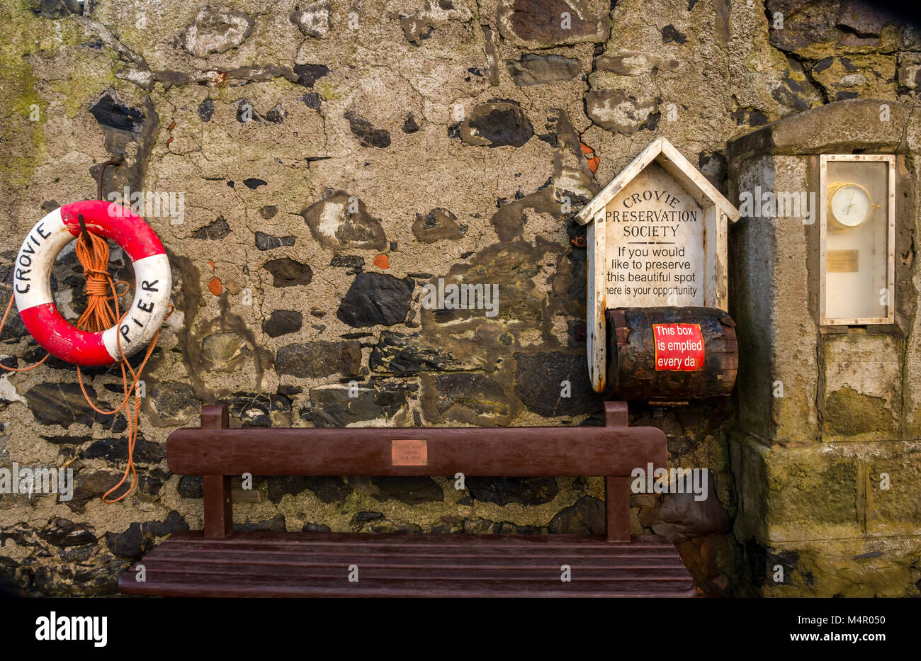 Bench, life belt, barometer and donation box, Crovie, Aberdeenshire ...