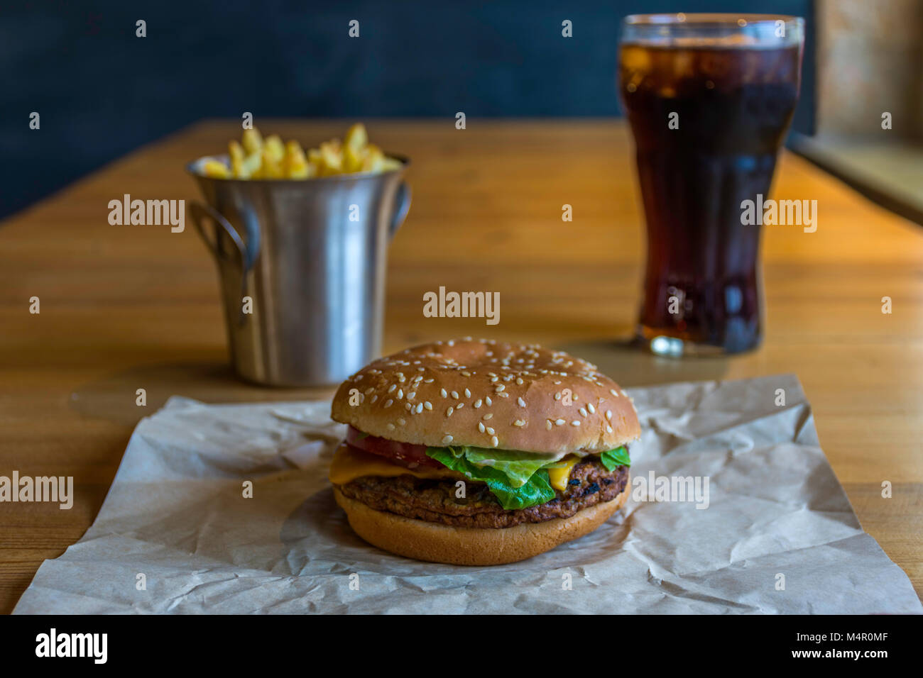 Fast food set big hamburger, french fries and drink Stock Photo - Alamy