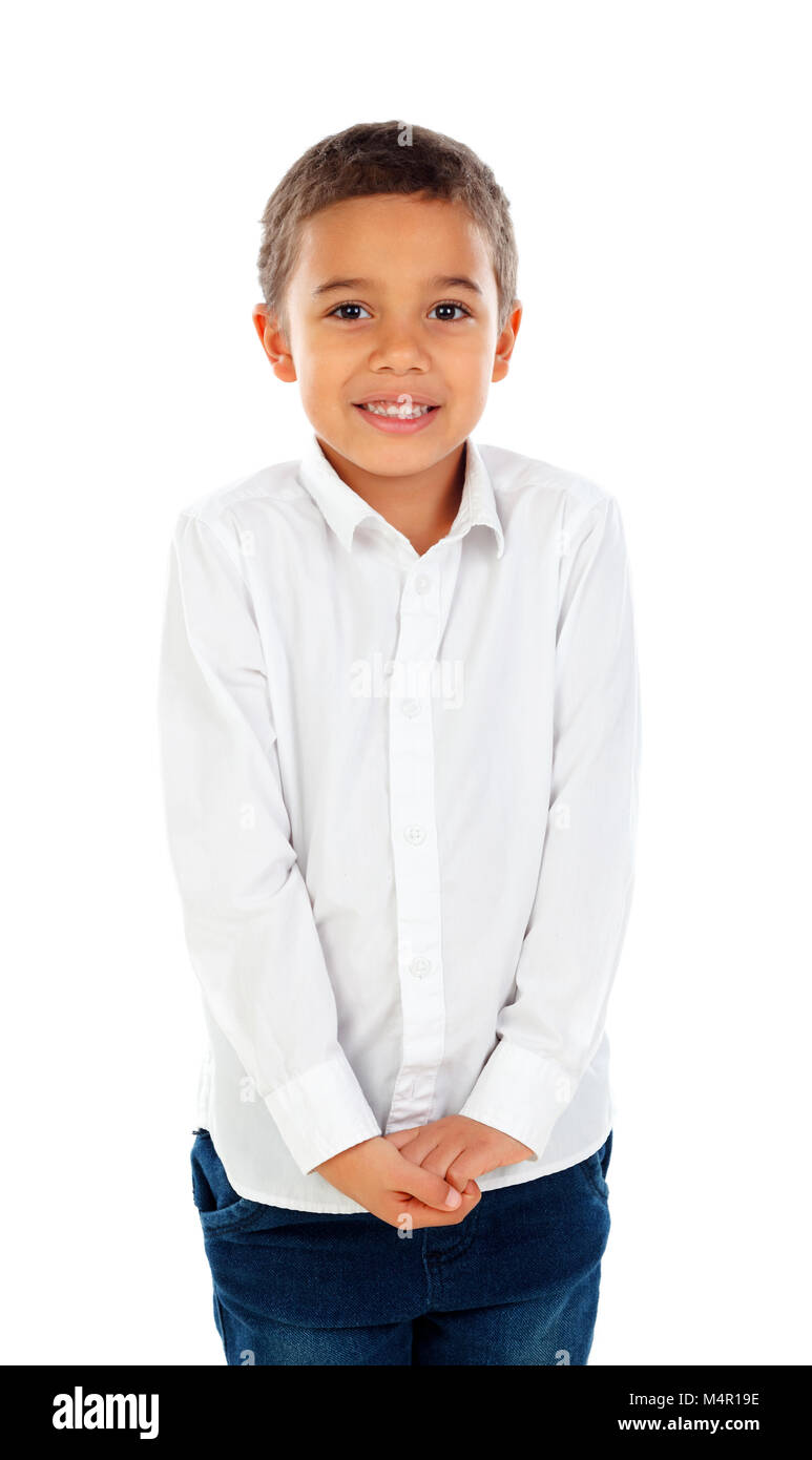 Shy small child with dark hair and black eyes isolated on a white ...