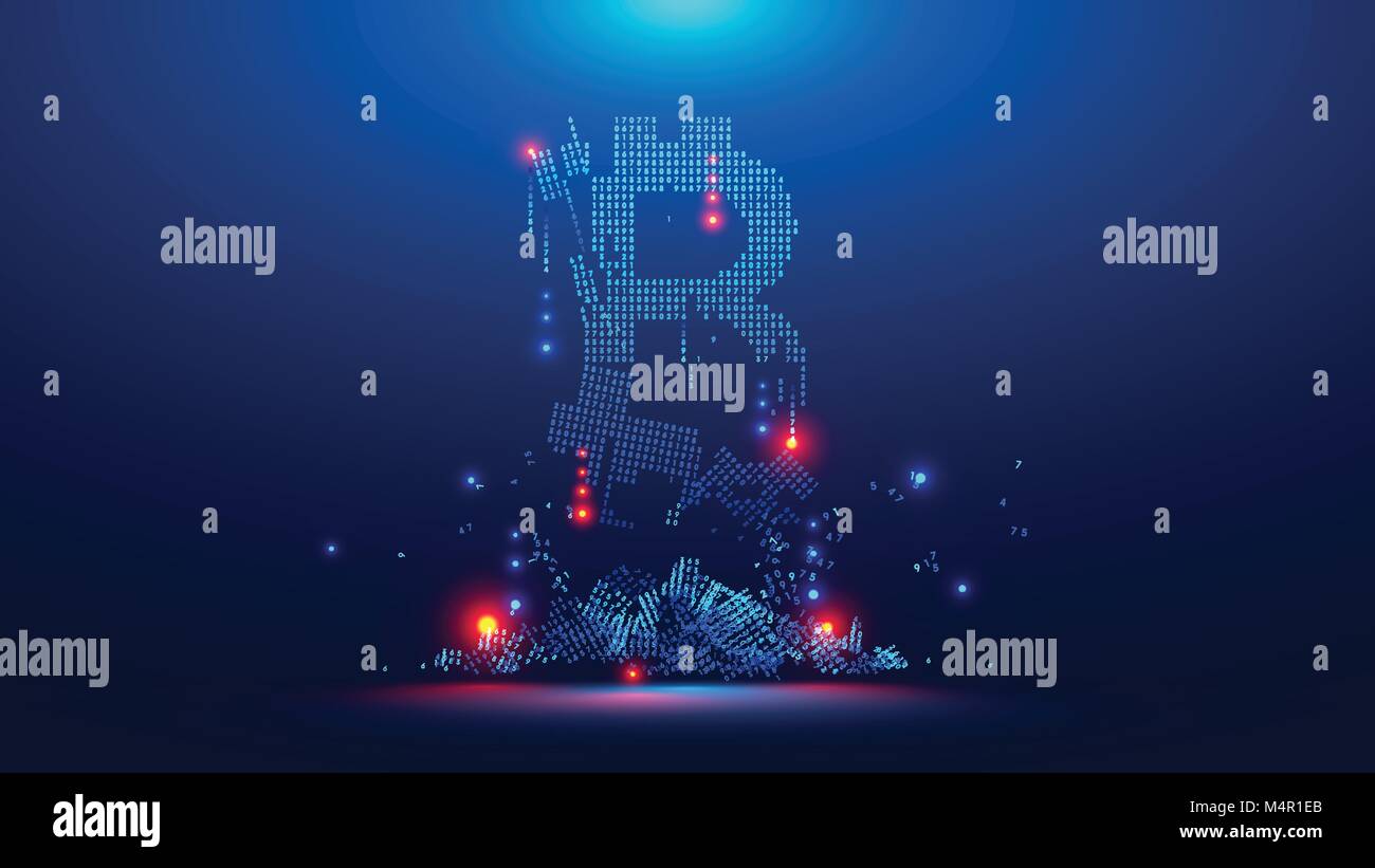 The sign or symbol of bitcoin, consists of numbers. Bitcoin is falling ...