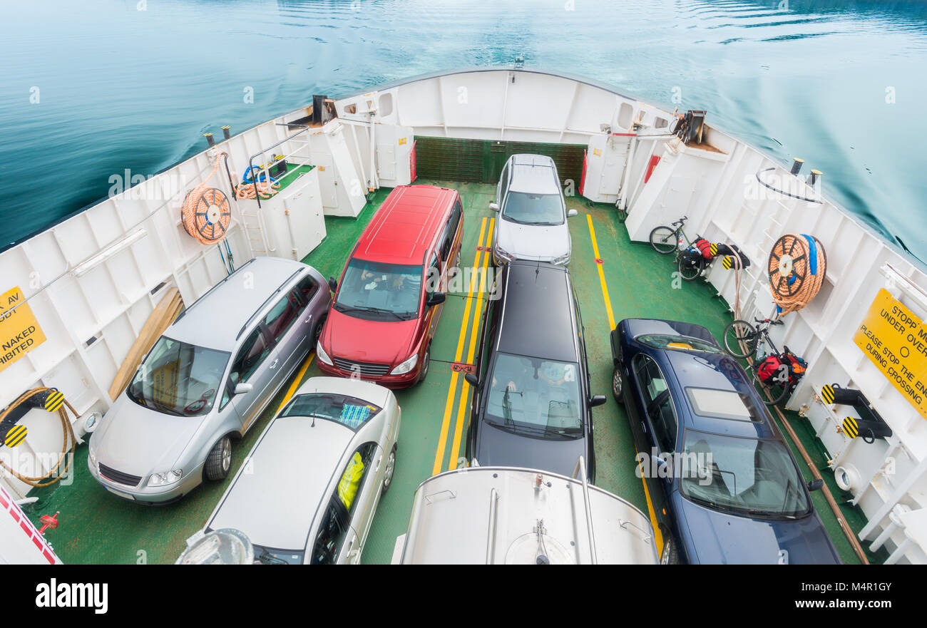 Cars on deck of ferry in Norway, Scandinavia, Europe. Water ...