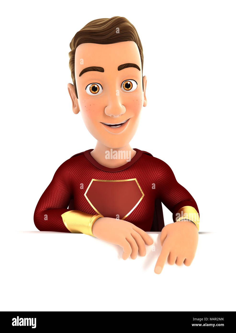 3d red hero pointing to empty wall, illustration with isolated white ...