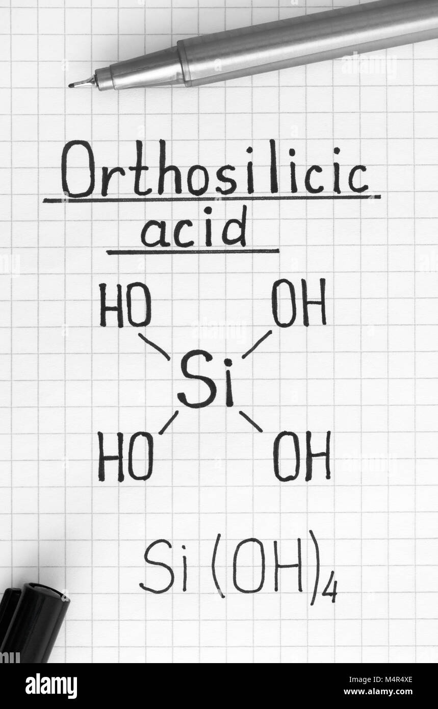 Chemical formula of Orthosilicic acid with black pen. Close-up Stock ...