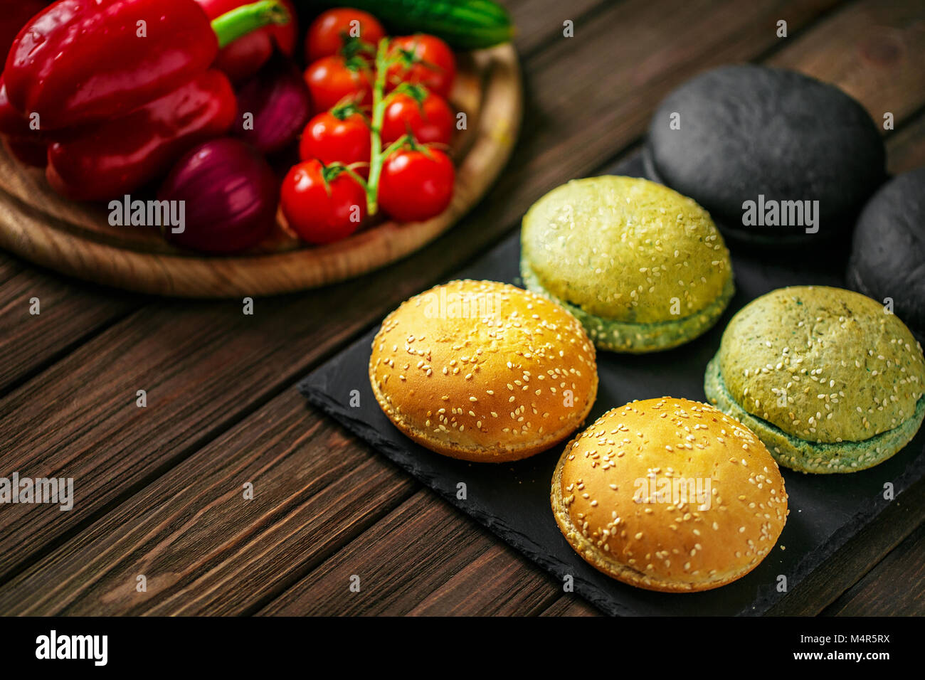 Hamburger on rustic surface hi-res stock photography and images - Alamy