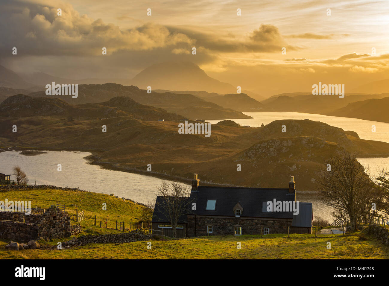 The peak of Arkle over Loch Inchard, from Badcall, near Kinlochbervie ...
