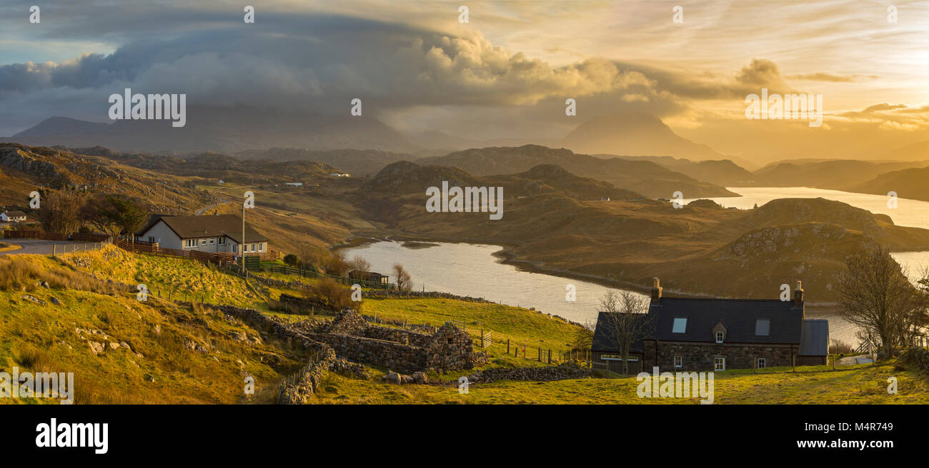 The peaks of Foinaven and Arkle over Loch Inchard, from Badcall, near ...