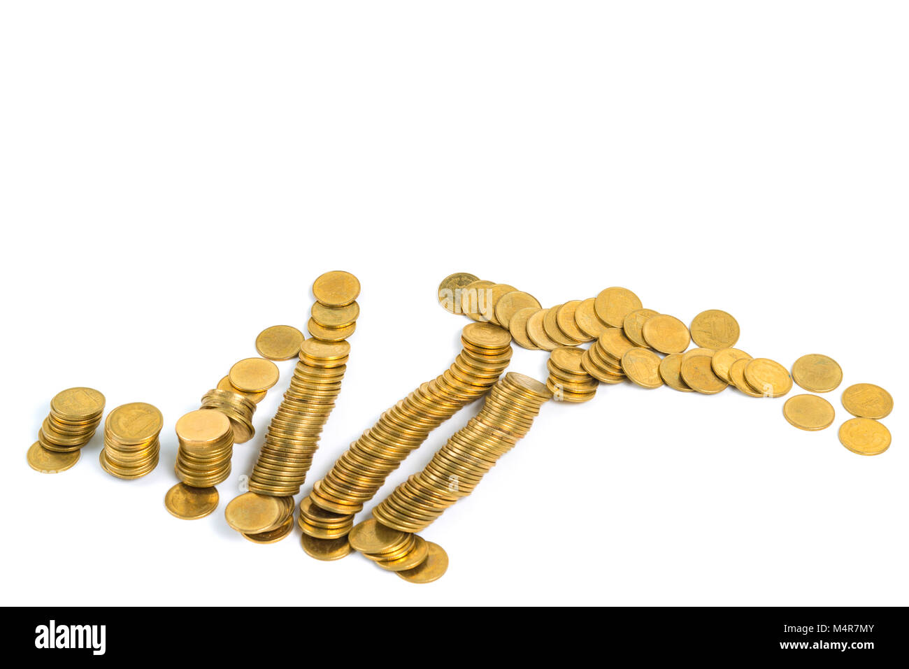 Unstable risky stack of coin on white background for money and ...