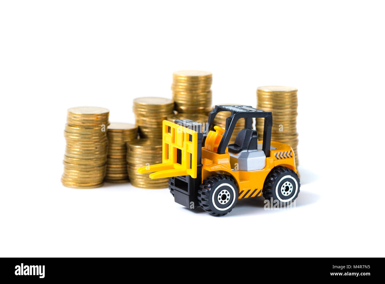 Mini forklift truck loading stack coin with steps of gold coin ...