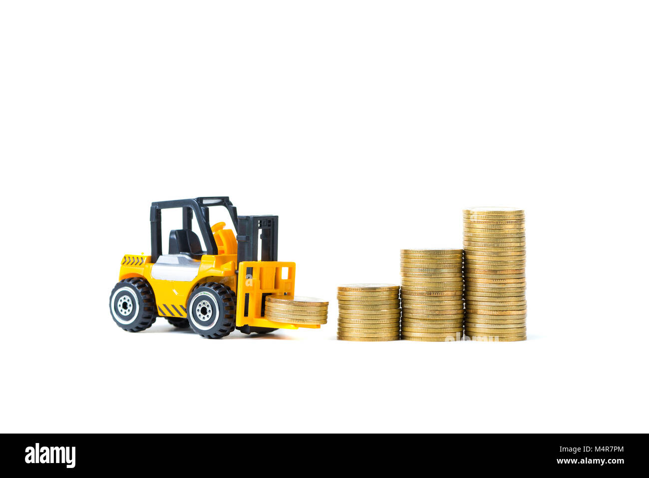 Mini forklift truck loading stack coin with steps of gold coin ...