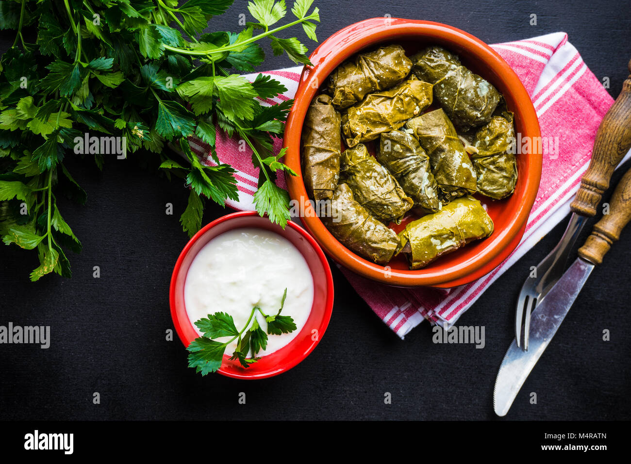 Traditional georgian dolma in grape leaves on rustic wooden table with ...