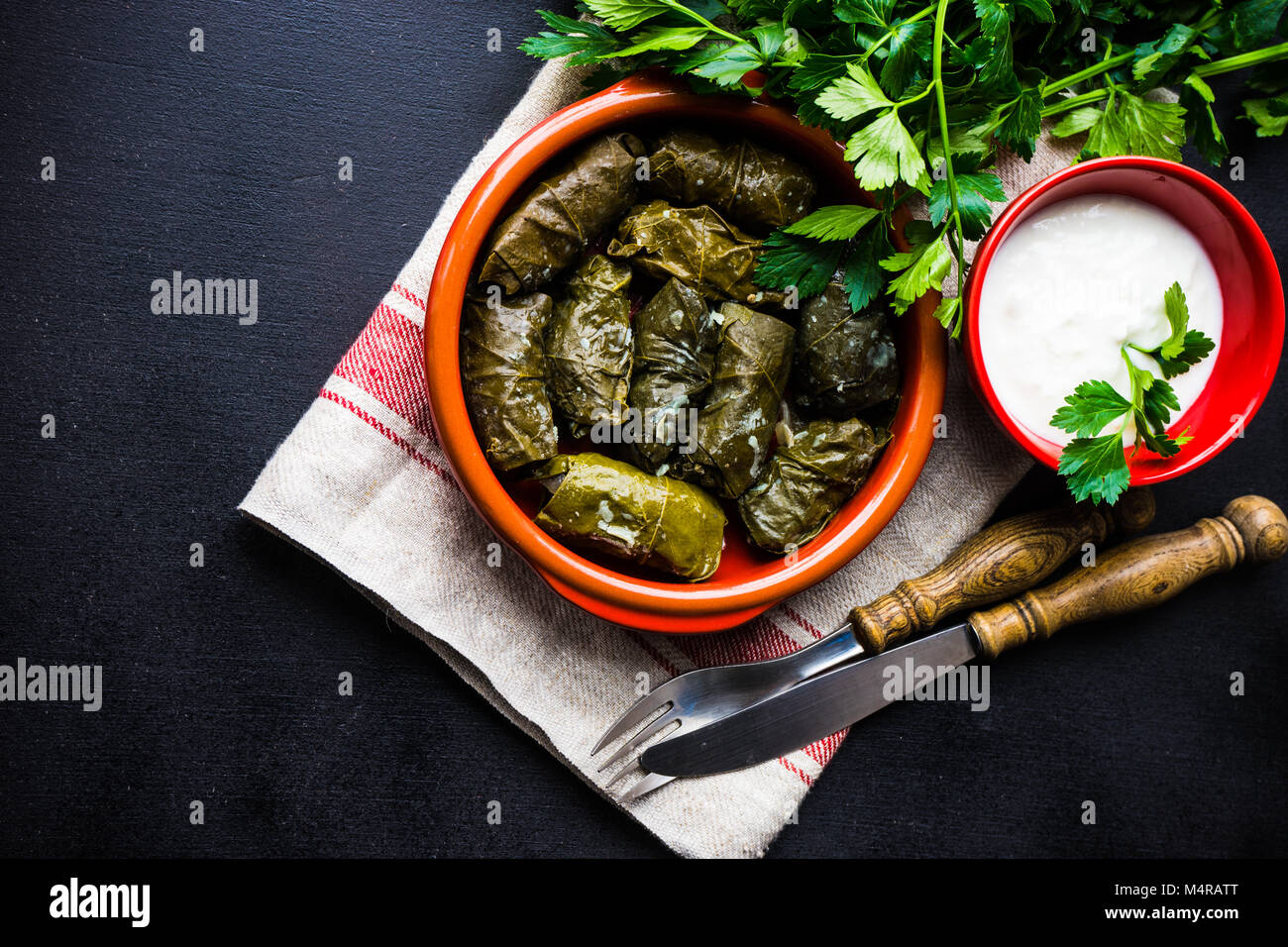 Traditional georgian dolma in grape leaves on rustic wooden table with ...