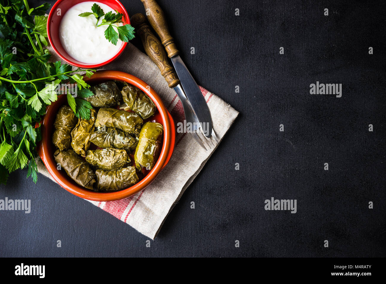 Traditional georgian dolma in grape leaves on rustic wooden table with ...