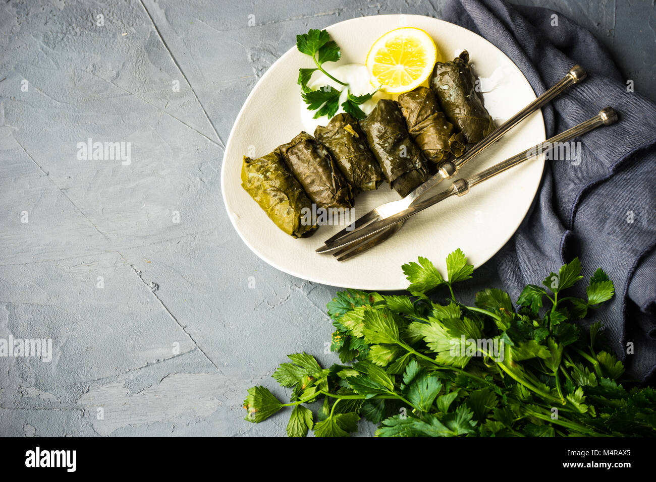 Traditional georgian dolma in grape leaves on rustic wooden table with ...