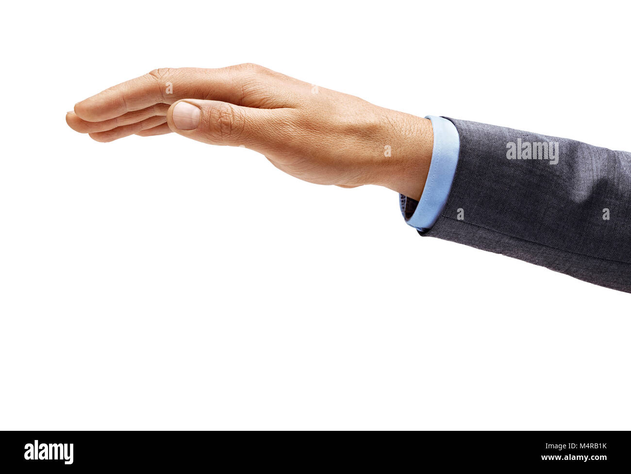 Man's hand in suit sign isolated on white background. Inverted open ...